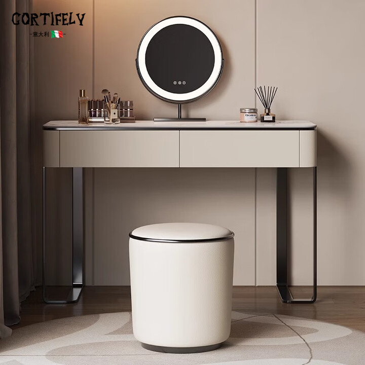 CORTIFELY意大利品牌实木超晶石岩板梳妆台卧室简约小户型高级感化妆桌妆台 120cm单妆台+妆镜+妆凳 米灰色【图片 价格 品牌 报价】-京东