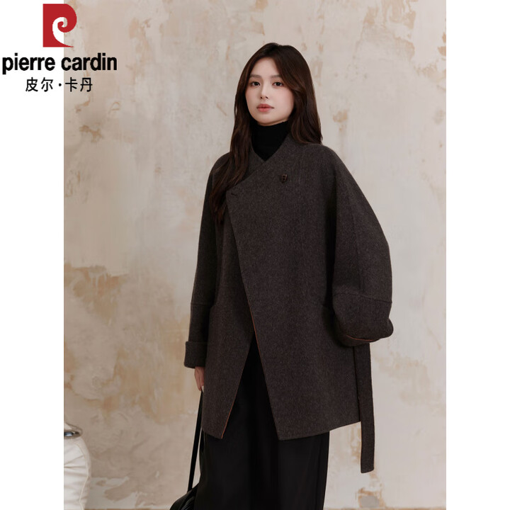 皮尔卡丹（pierre cardin）立领双面羊绒大衣女洋气时尚2025冬季新款宽松小个子短款毛呢外套 灰桔色 S【图片 价格 品牌 报价】-京东