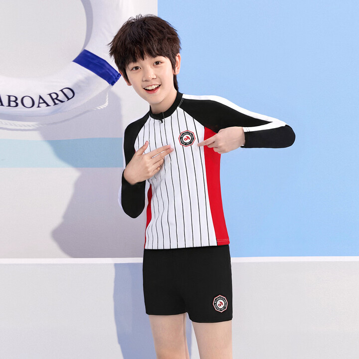 佑游儿童游泳衣男童中大童分体长袖泳衣泳裤套装男孩青少年速干泳衣 黑红拼接 [速干防晒] 110 【XL高110-120cm体重35-50斤 ...