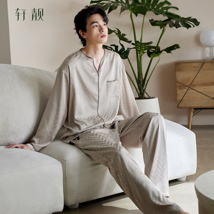 北极绒（Bejirog）男士睡衣春秋季冰丝长袖2026新款夏天薄款仿真丝绸家居服套装 74670茶灰【套头款】 L 体重110-140斤【图片 ...