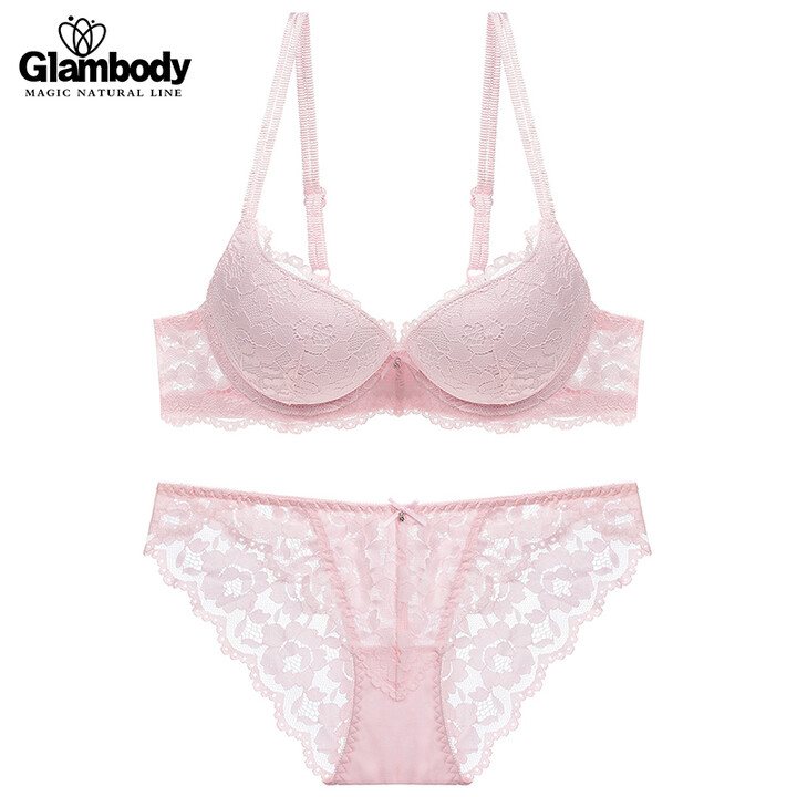 Glambody MAGIC NATURAL LINE欧美性感蕾丝刺绣上薄下厚文胸套装加厚深小胸聚拢女士内衣842002 粉色 32/70C ...
